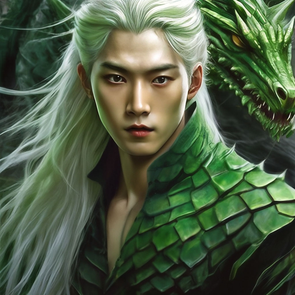 "🐉 handsome young Asian dragon guy, zoomorphoses, white skin, green ...