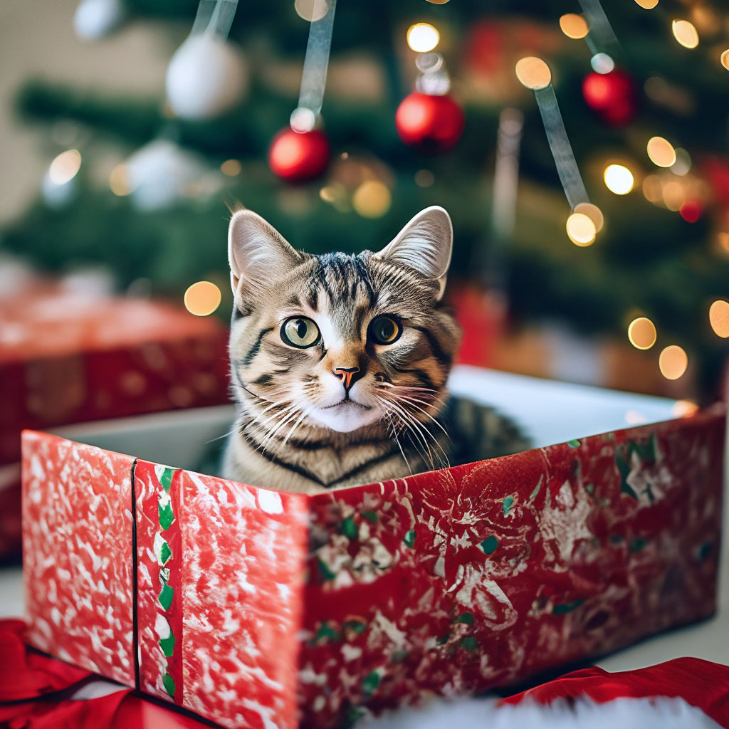 "A cat in a gift box under the Christmas tree" — image created in Shedevrum