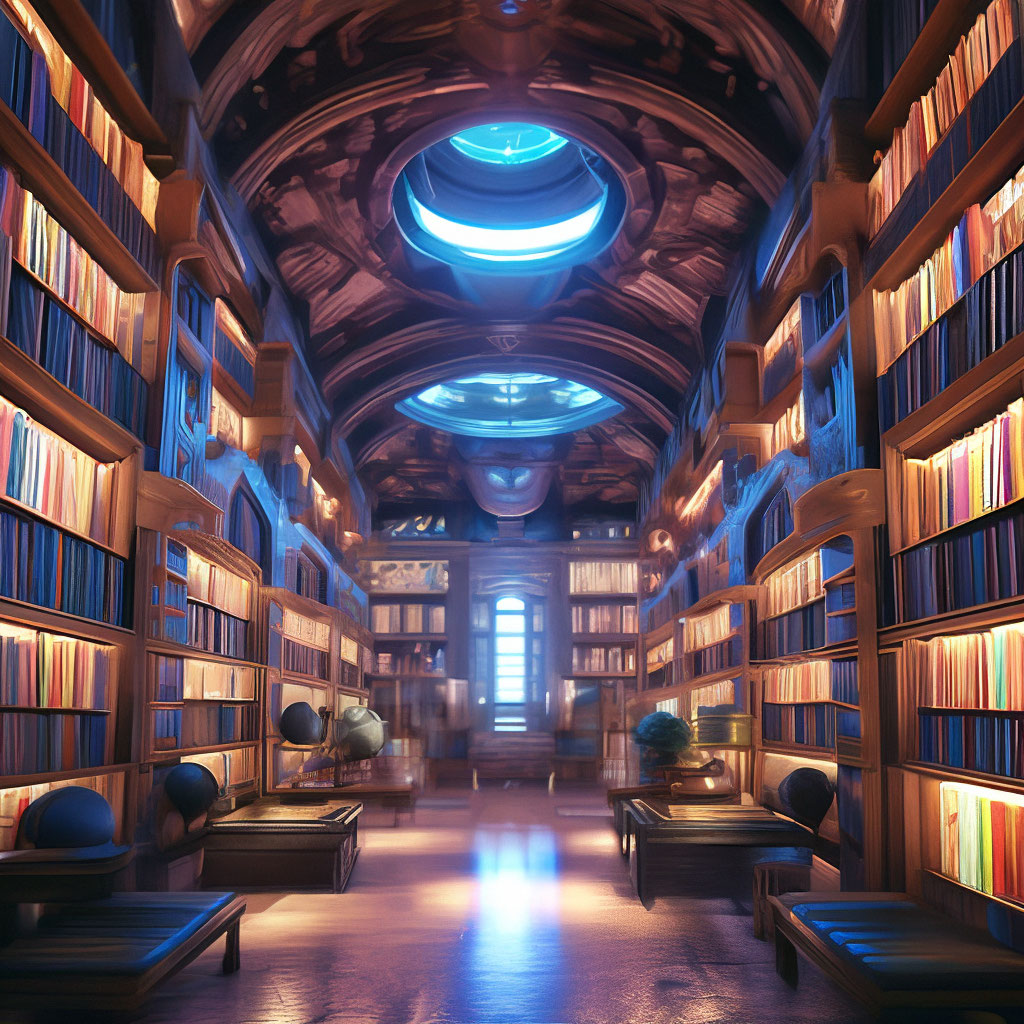 "Inside the alien library, huge shelves with books, hyperrealism, high ...