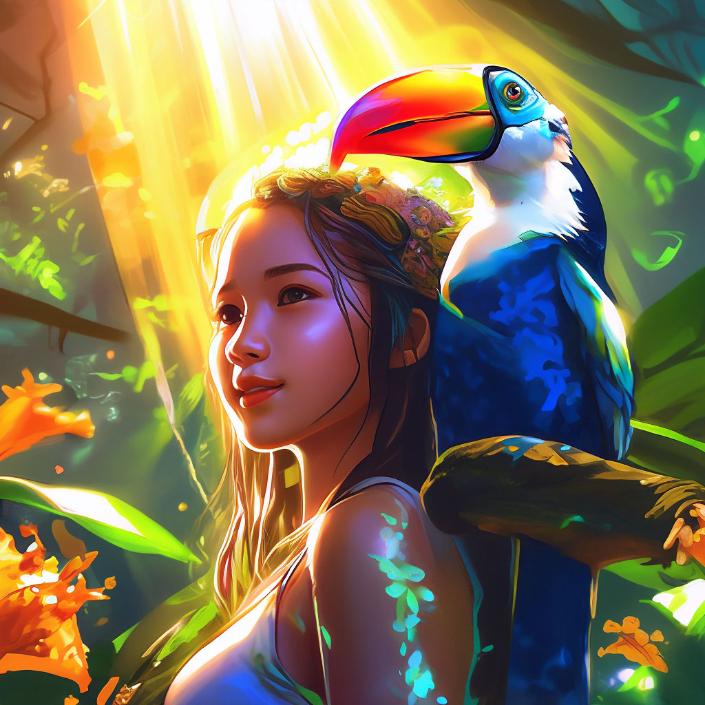 "Girl and toucan, jungle, flowers, rays of the sun, grunge, golden ...