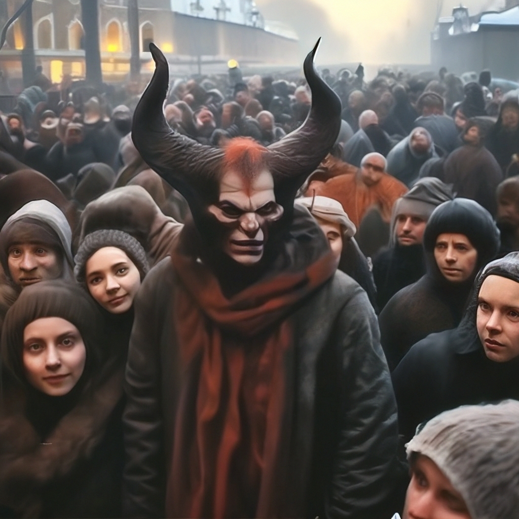 "A demon in a crowd of people, russia , late autumn , slush , evening ...