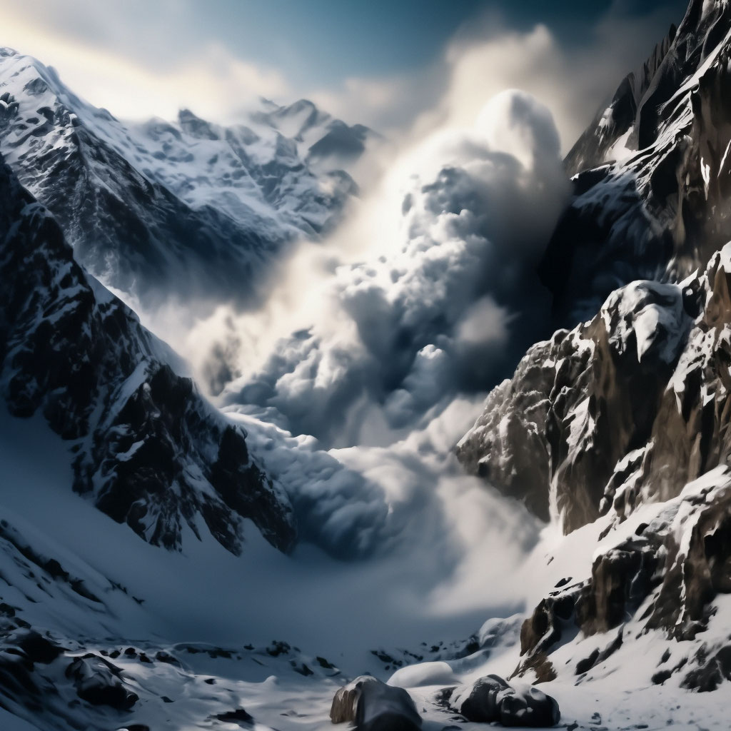 "A powerful avalanche descends from the mountains" — image created in ...