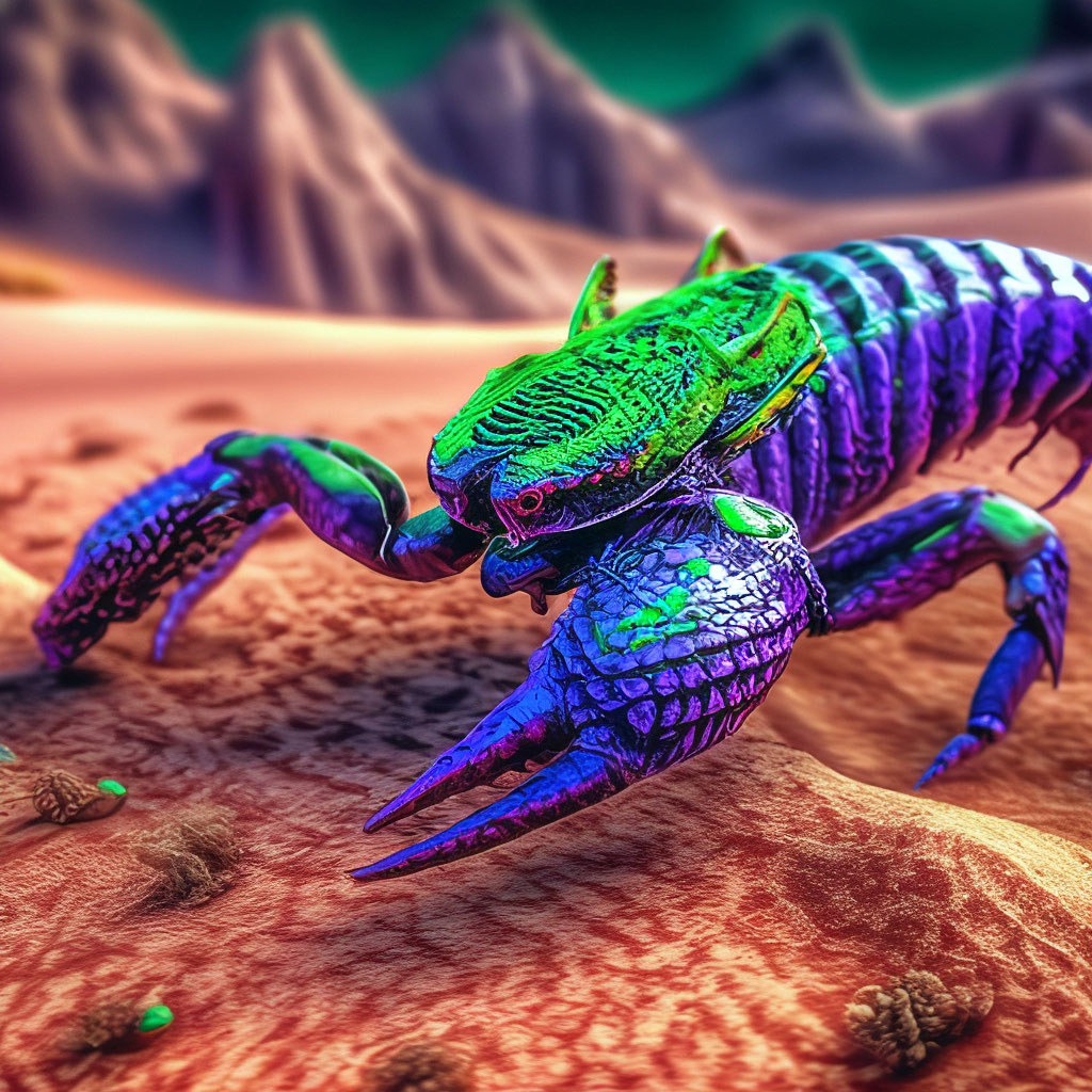"Hyper realistic sinister purple-green magic scorpion beats its tail in ...