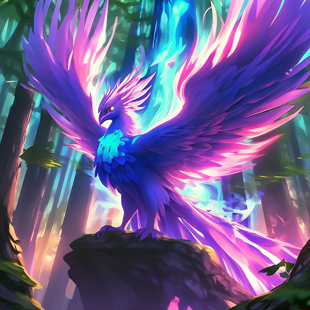 "Huge phoenix, blue - purple flame, anime style, in the forest" — image ...