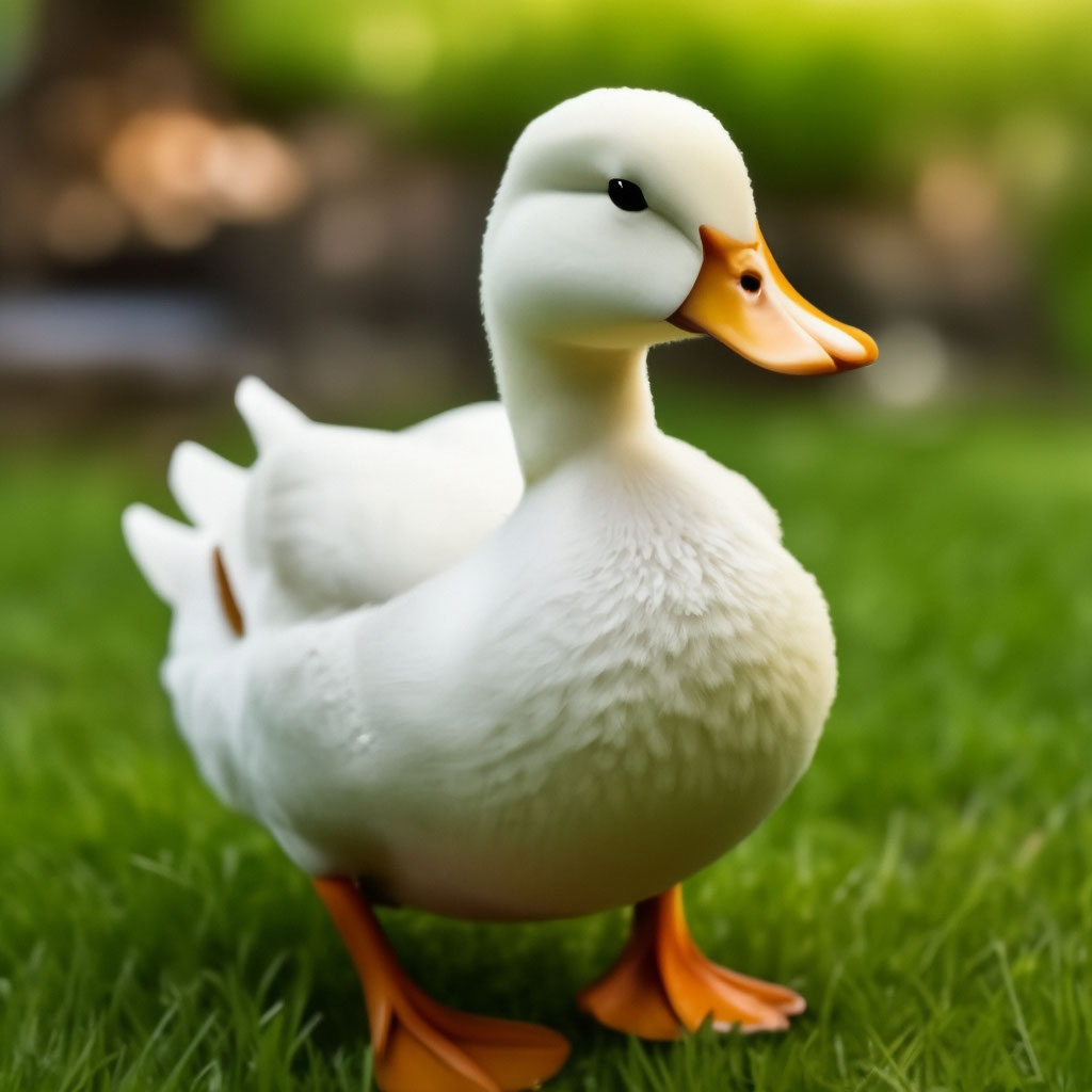 "Cute duck pure white realistic standing on the grass smooth feathers ...