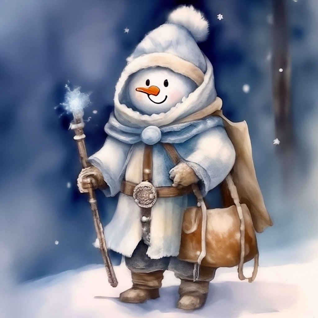 "Cute snowman in fantasy style, snowman-wanderer in a medieval cloak ...