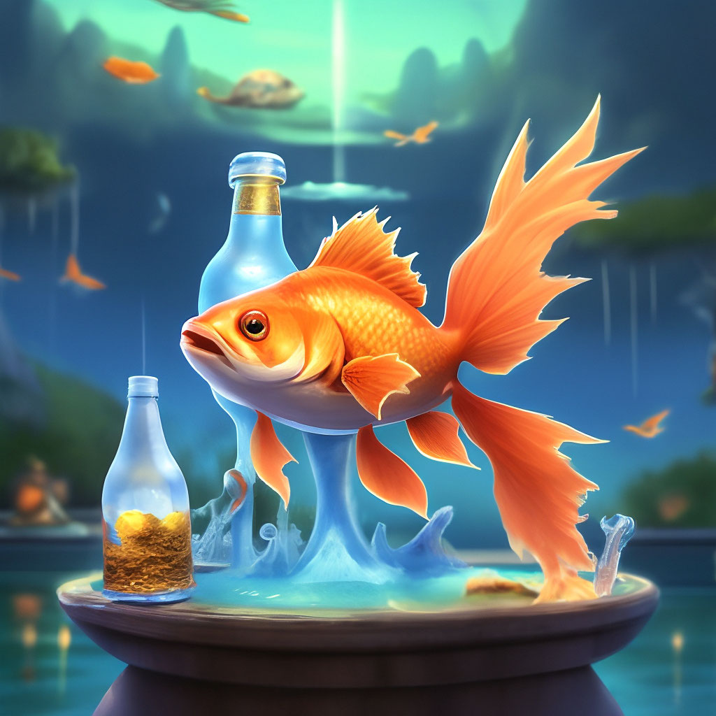 "Magic goldfish drinks beer with magic pike" — image created in Shedevrum