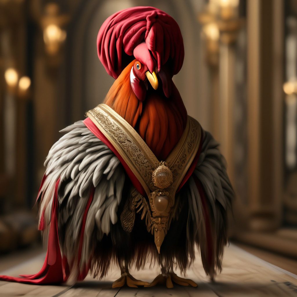 "Rooster Sultan, in turban and robe, in full height." — image created ...