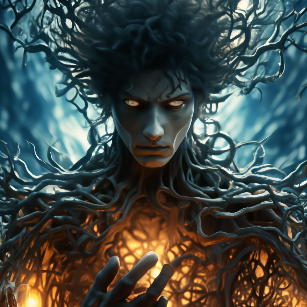 "Horror art, mage young guy made of oak roots, dim colours, intricate ...