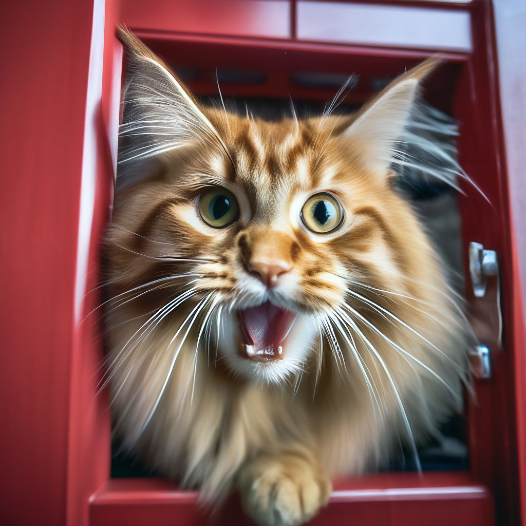 "Stunning hyperrealism, fluffy red mainkoon stuck in the cat door, very ...