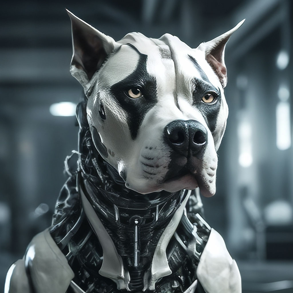 "Ivory black pit bull, cyborg, horror,high quality, mysterious style ...