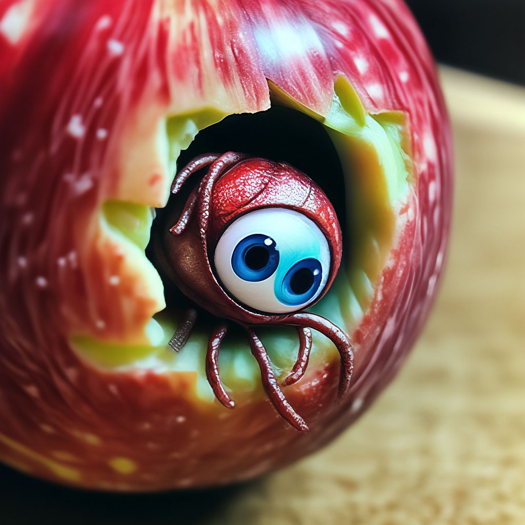 "Cute tiny worm with huge eyes crawls out of a hole in an apple ...