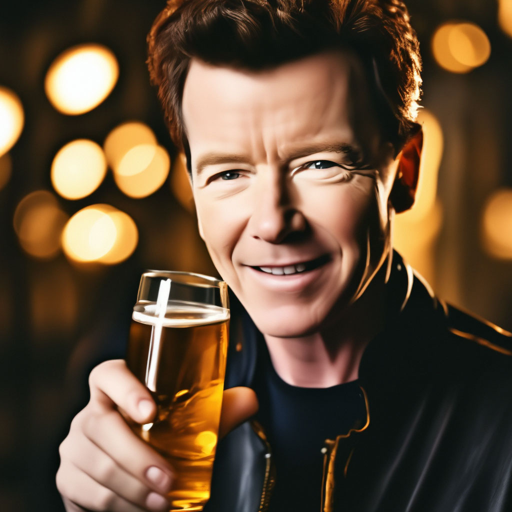 "Rick Astley sings with a beer microphone" — image created in Shedevrum