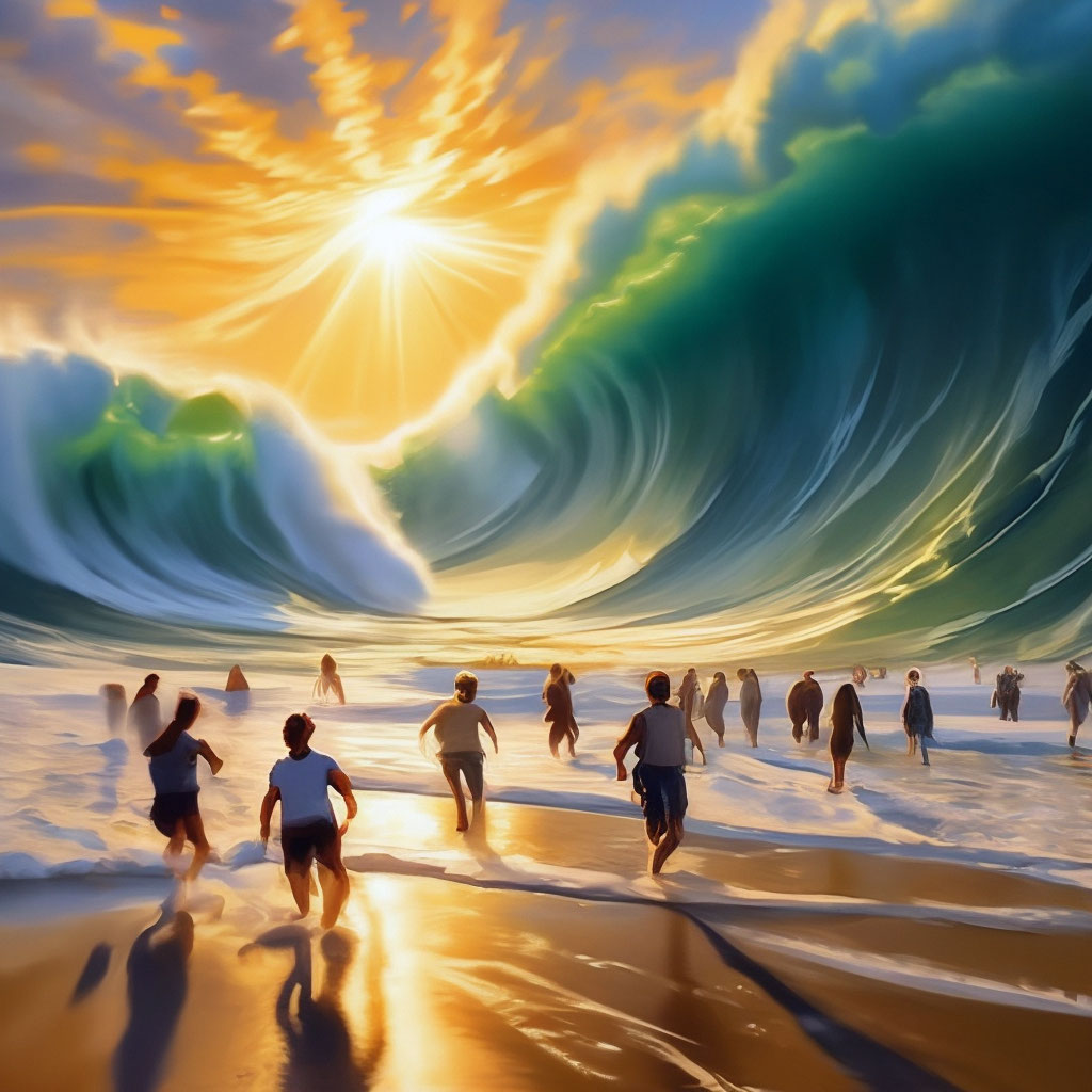 "Sea , tsunami people are running in fear along the beach where the sun ...