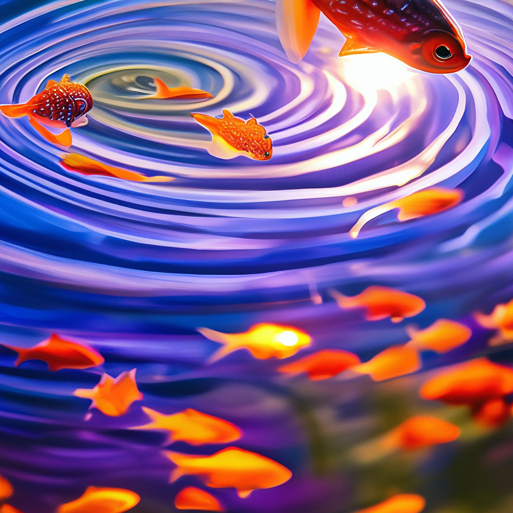"Spiral fish, orange sun,purple clouds,strawberry meadow, starry sky ...