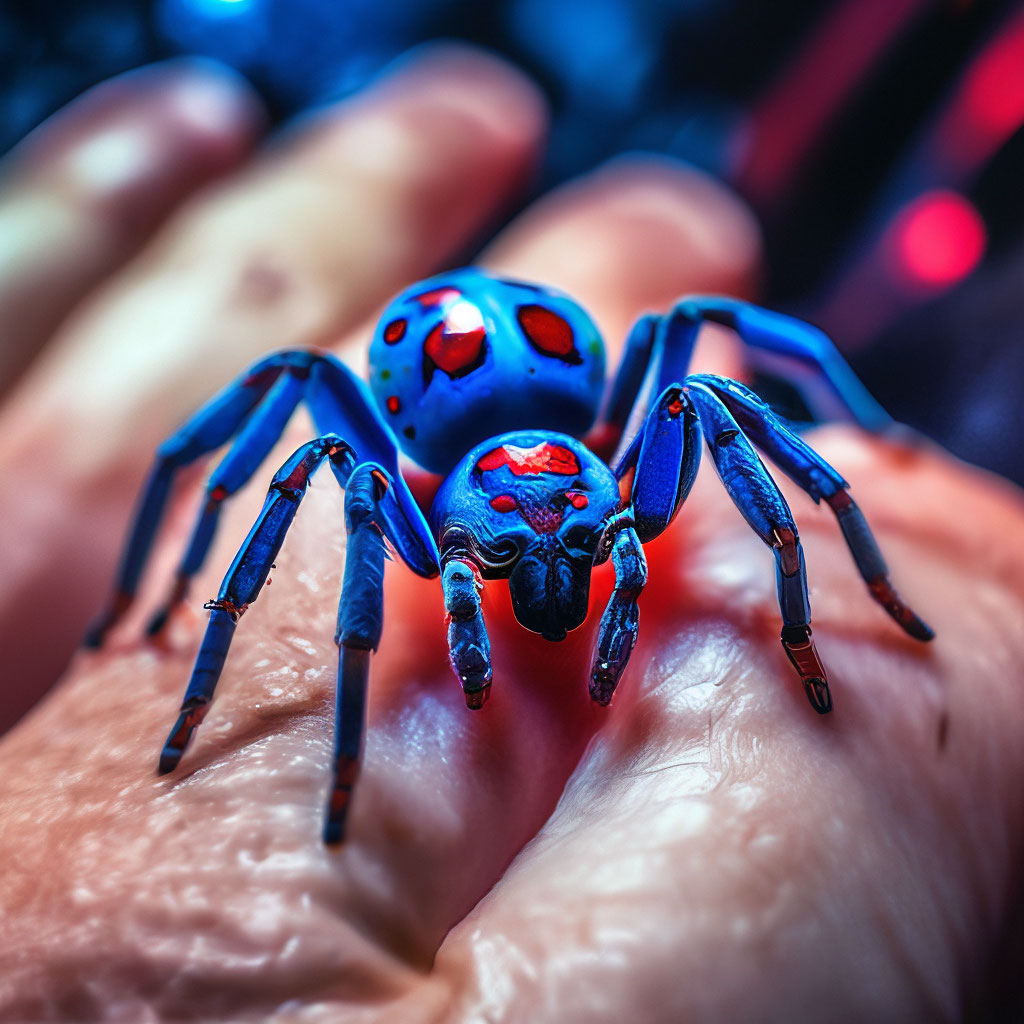 "Blue spider with red spots on a human hand, beautiful, realistic ...
