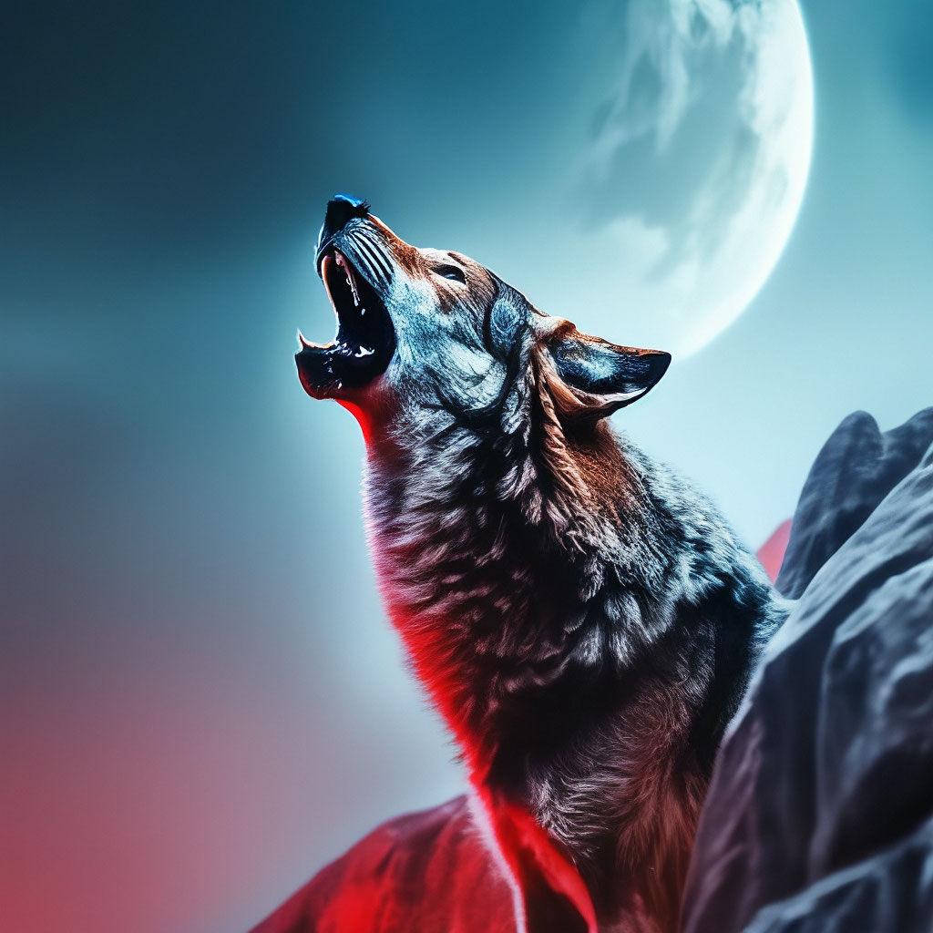 "Wolf howls at the red moon, rock, taiga, night, steam escapes from the ...
