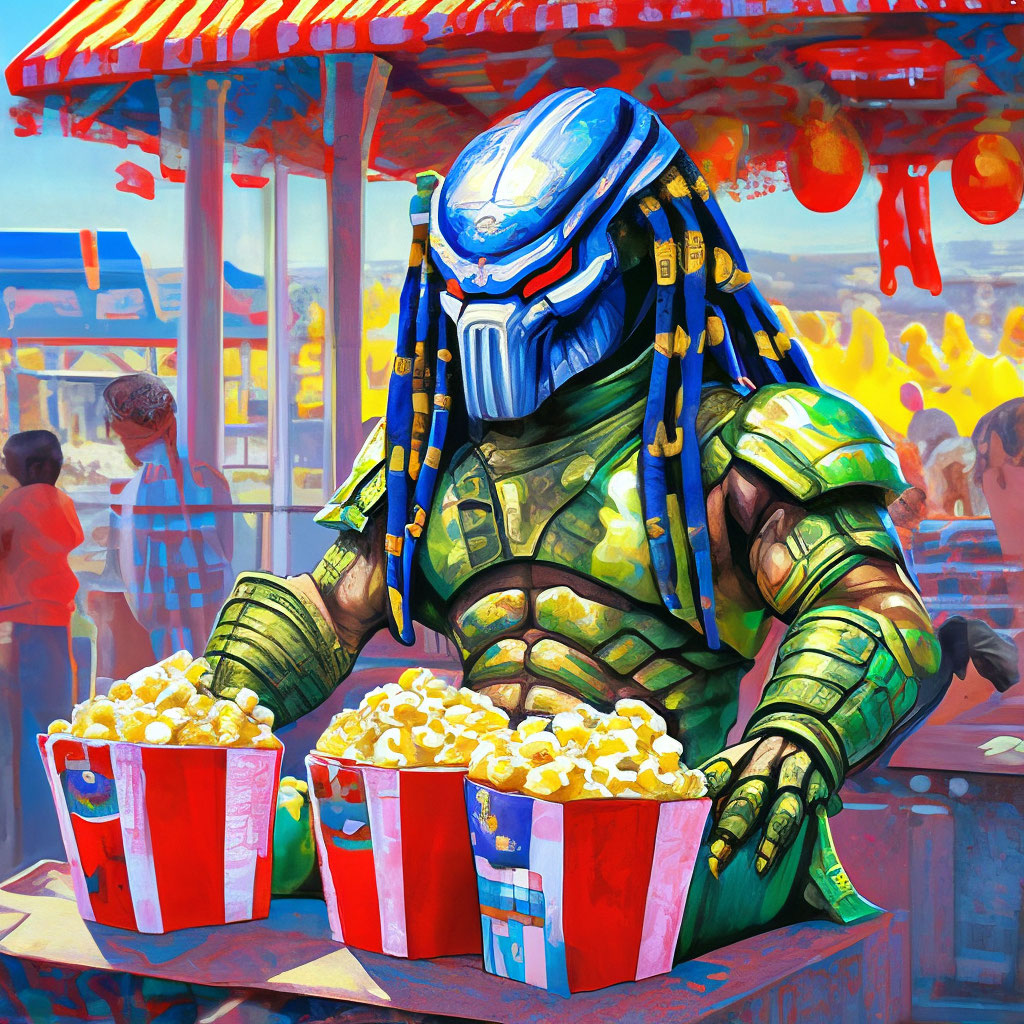 "Predator sitting at a popcorn stand, pop surrealism, caricature ...