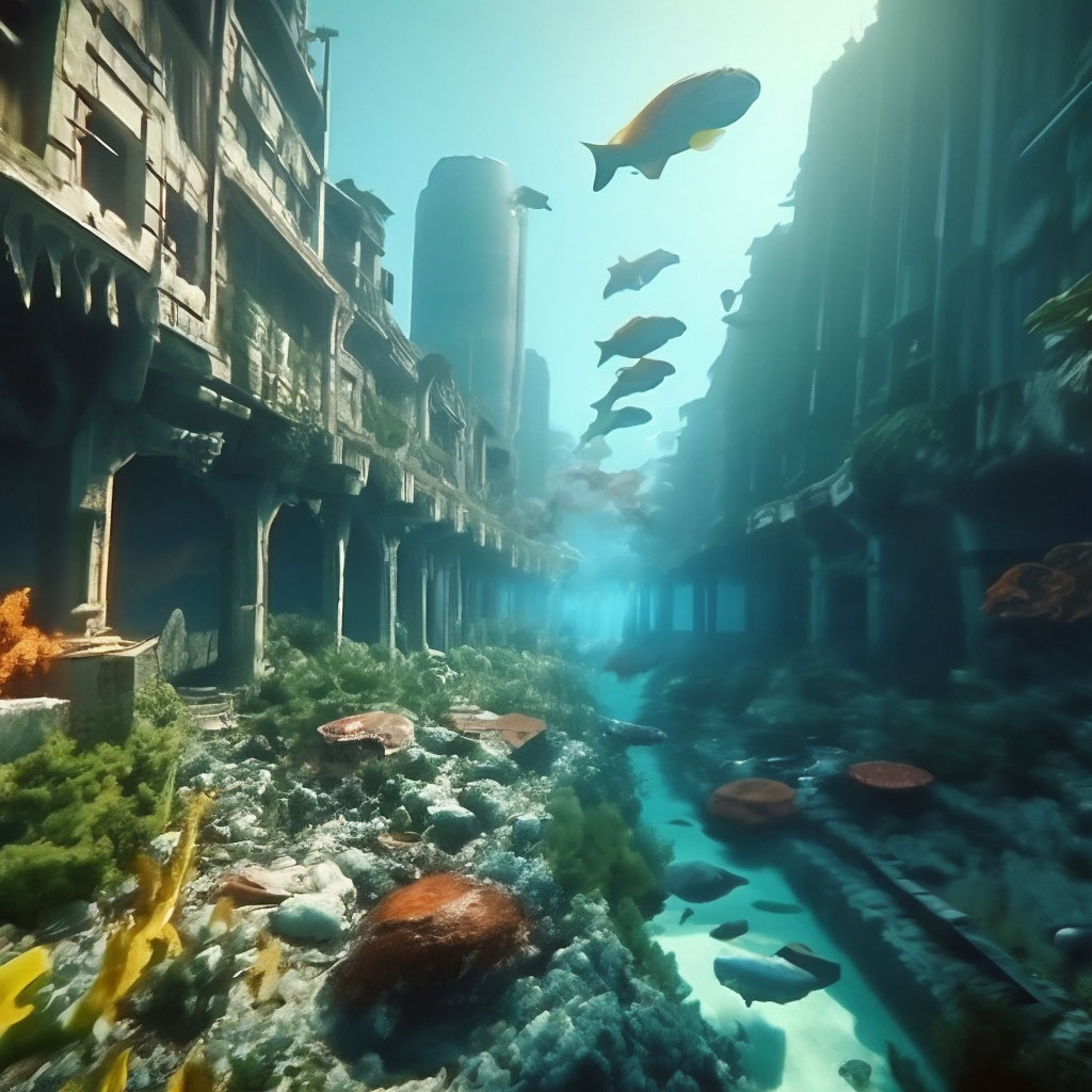 "Apocalypse in an underwater city, beautiful, realistic, 4k, high ...