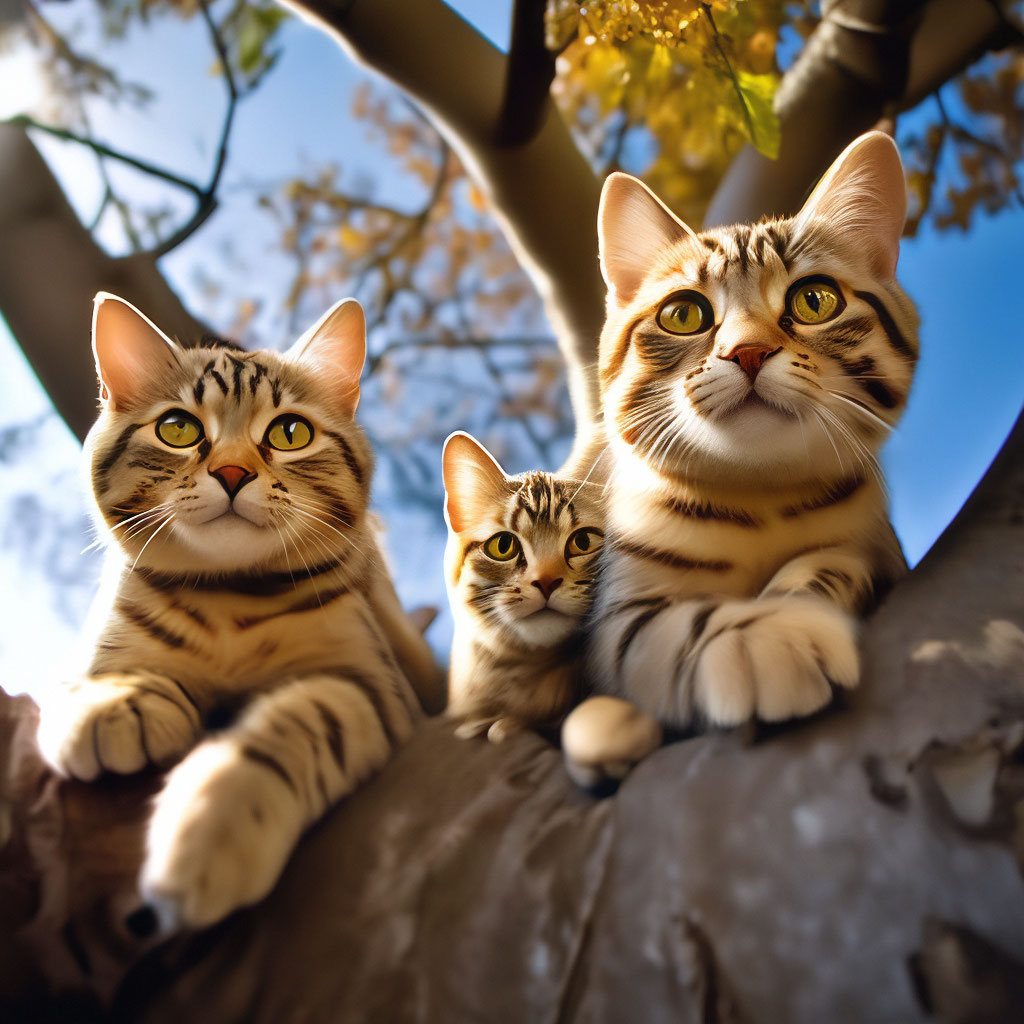 "Cats sit on their paws on a tree, aesthetically pleasing, beautiful ...