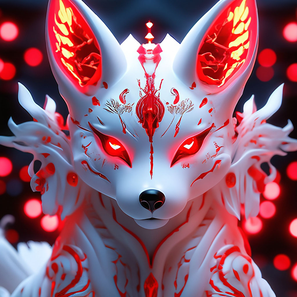 " ️ white kitsune, red neon, anime style, megarealism, expressive eyes ...