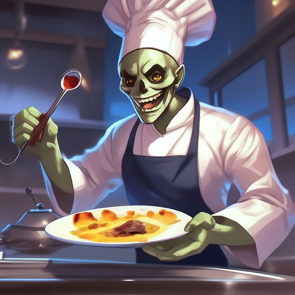 "A zombie in a chef 's hat eats a brain on a plate with a spoon , anime ...