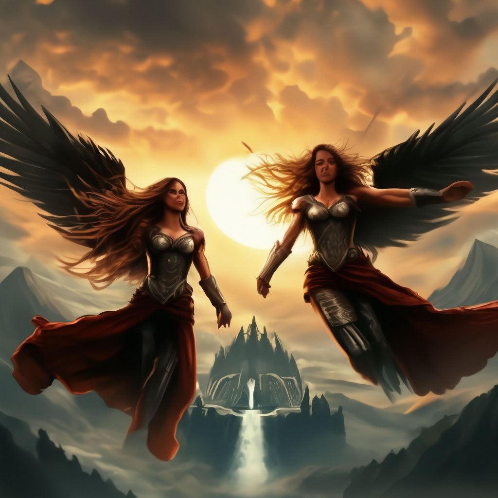 "Valhalla is calling. Ink drawing , two valkyries flying towards you ...