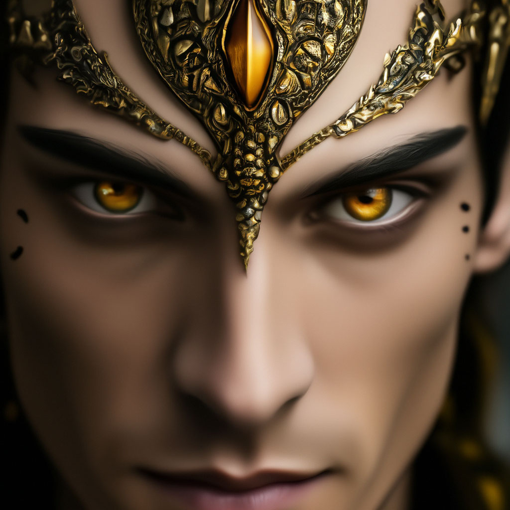 "A handsome elf man with lizard eyes. focus on the eyes. bright eyes ...