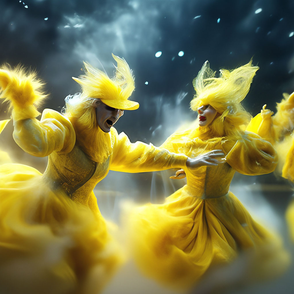 "Vampire and witch dancing in yellow chicken costumes, funny, sharp ...