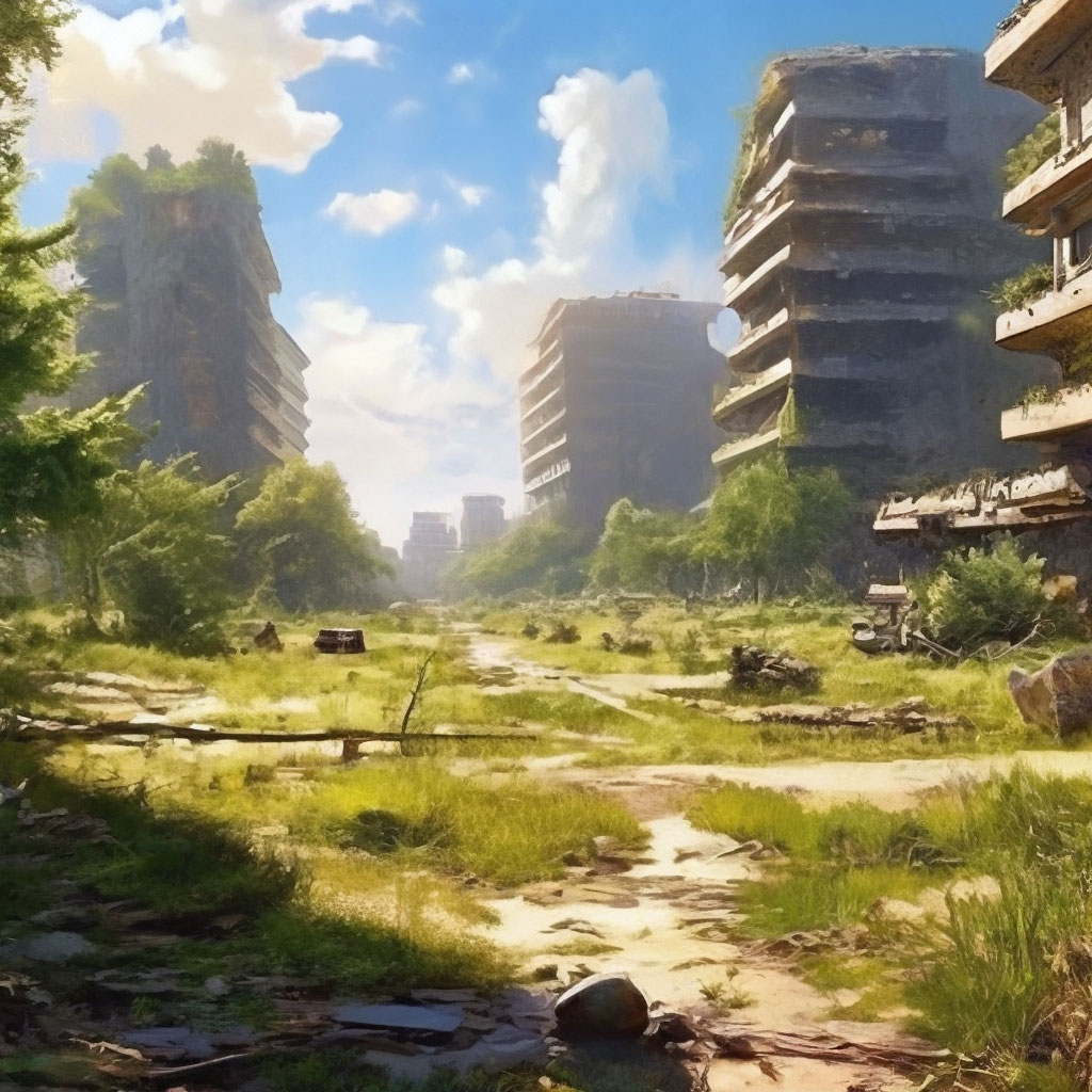 "The city of the post-apocalypse , sunny day, no people, grass and ...