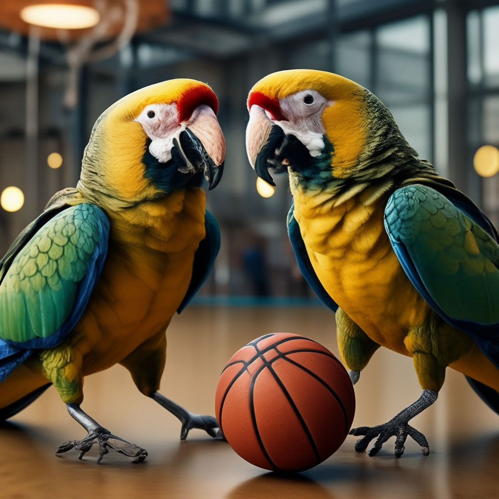 "The parrots playing basketball" — image created in Shedevrum