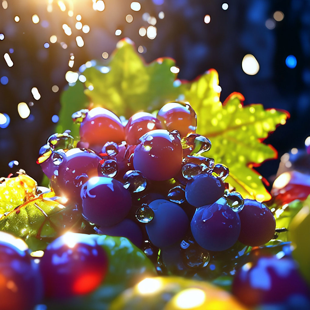 "Crystal, glowing grapes, sun,grape leaves,drops, splashes, lights ...