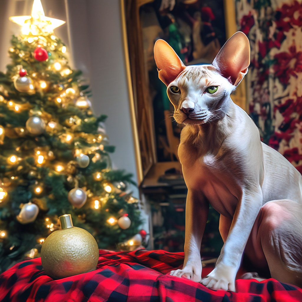 "The sphinx cat and the Christmas tree" — image created in Shedevrum