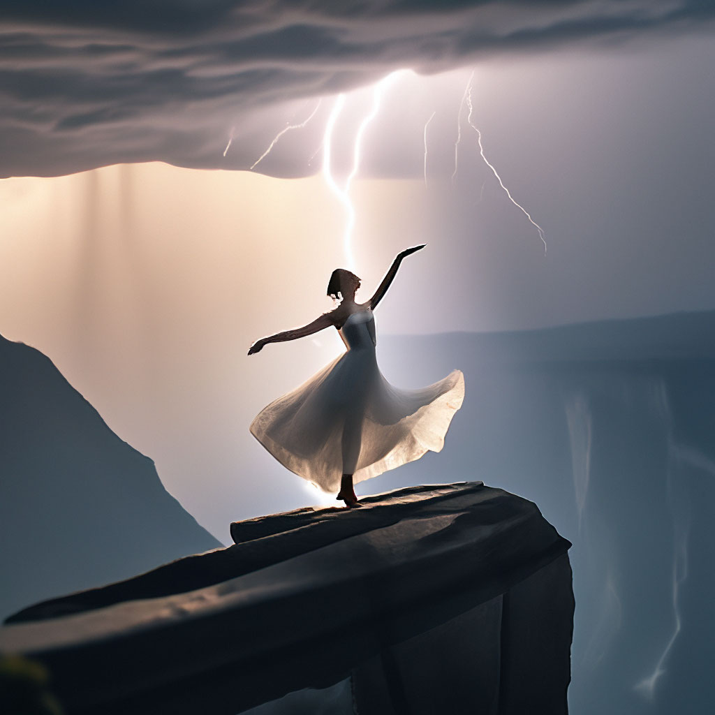 "Mountains,ballerina in a long dress dancing on the edge of a cliff ...