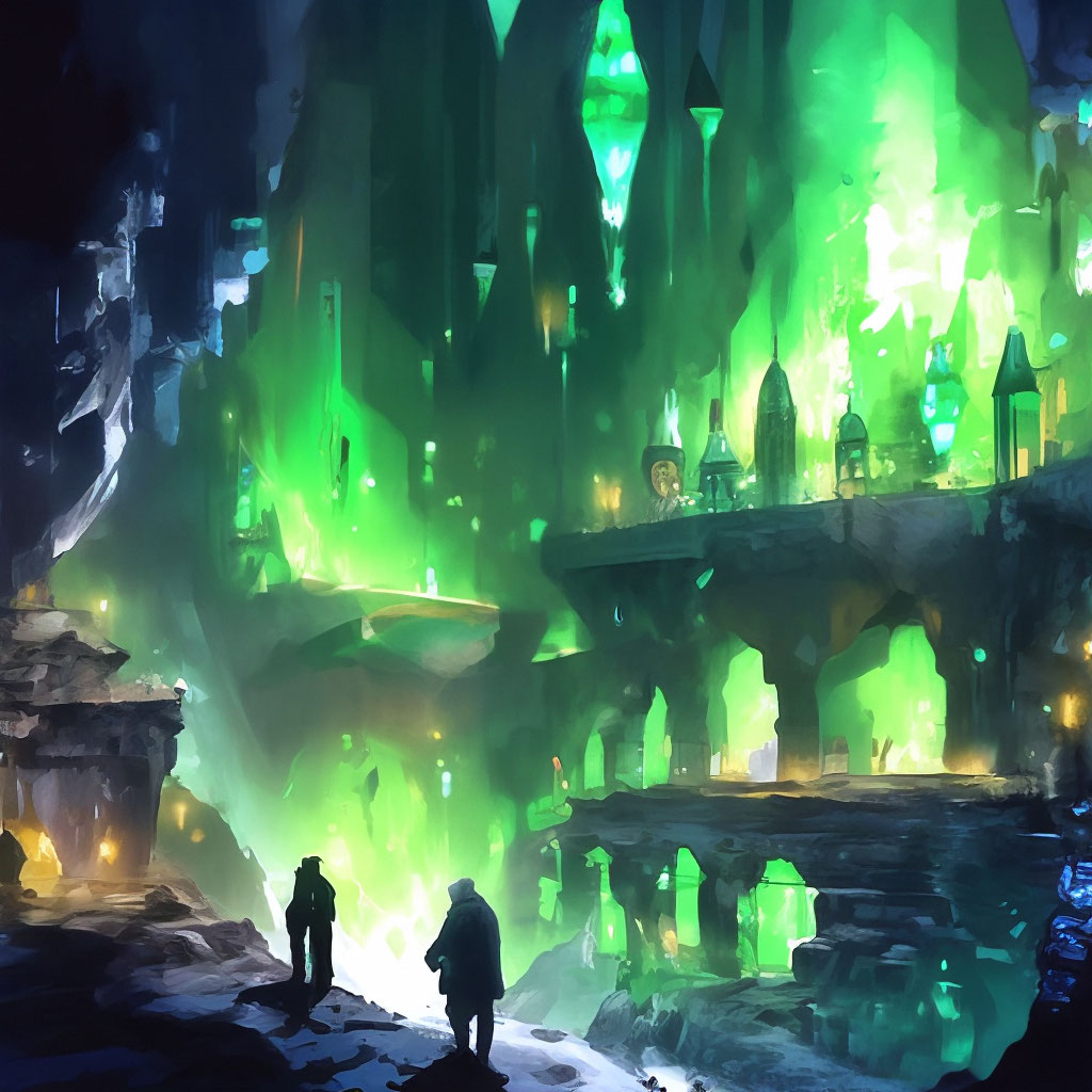 "Underground metropolis in a dark cave, dim green glow, sparkling ...