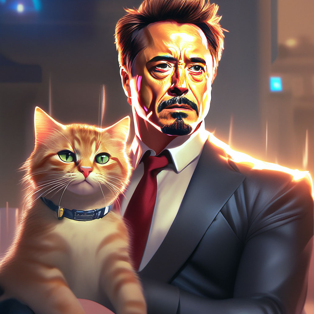 "Tony Stark with a cat" — image created in Shedevrum