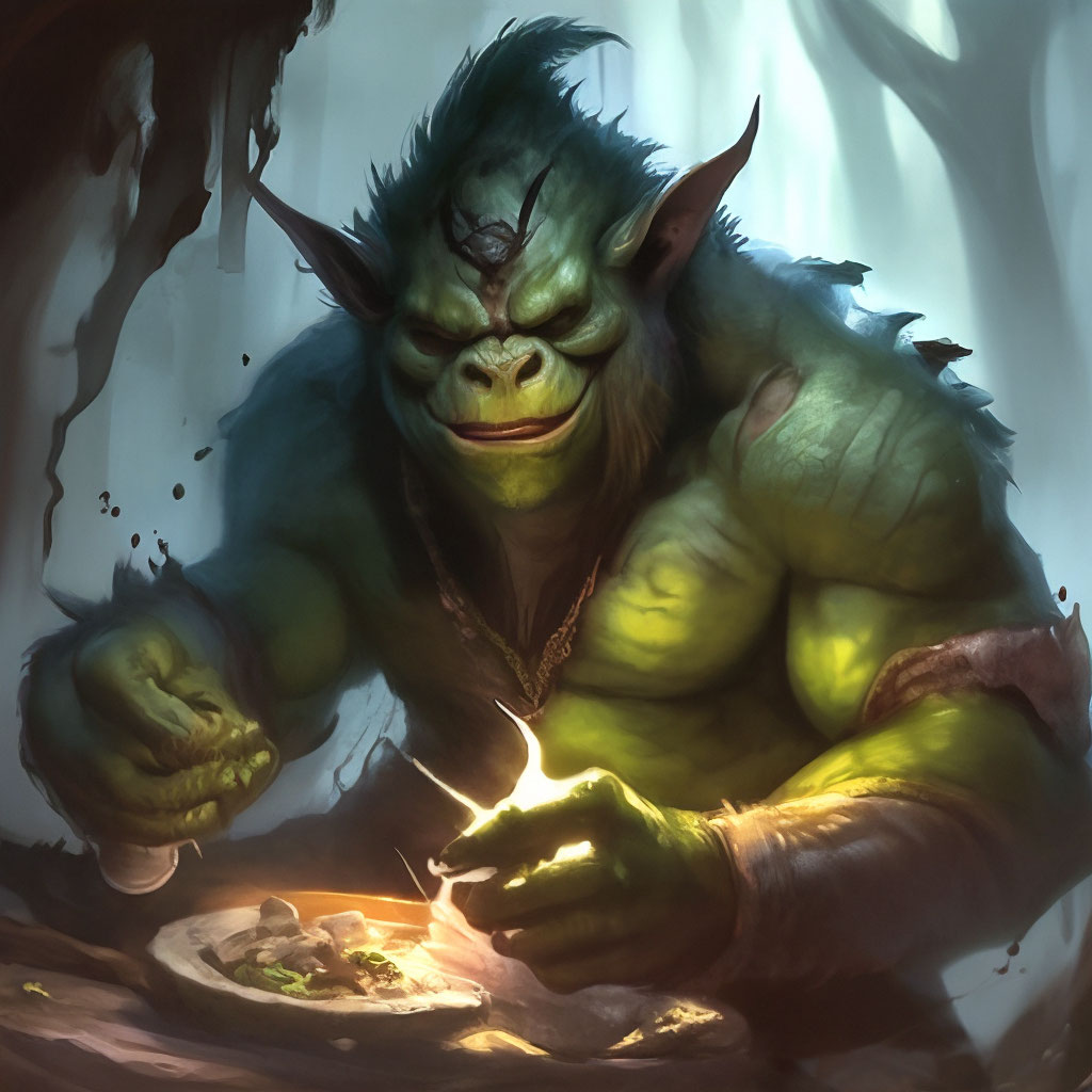 "Ogre, elf eater, ink, dark tones" — image created in Shedevrum