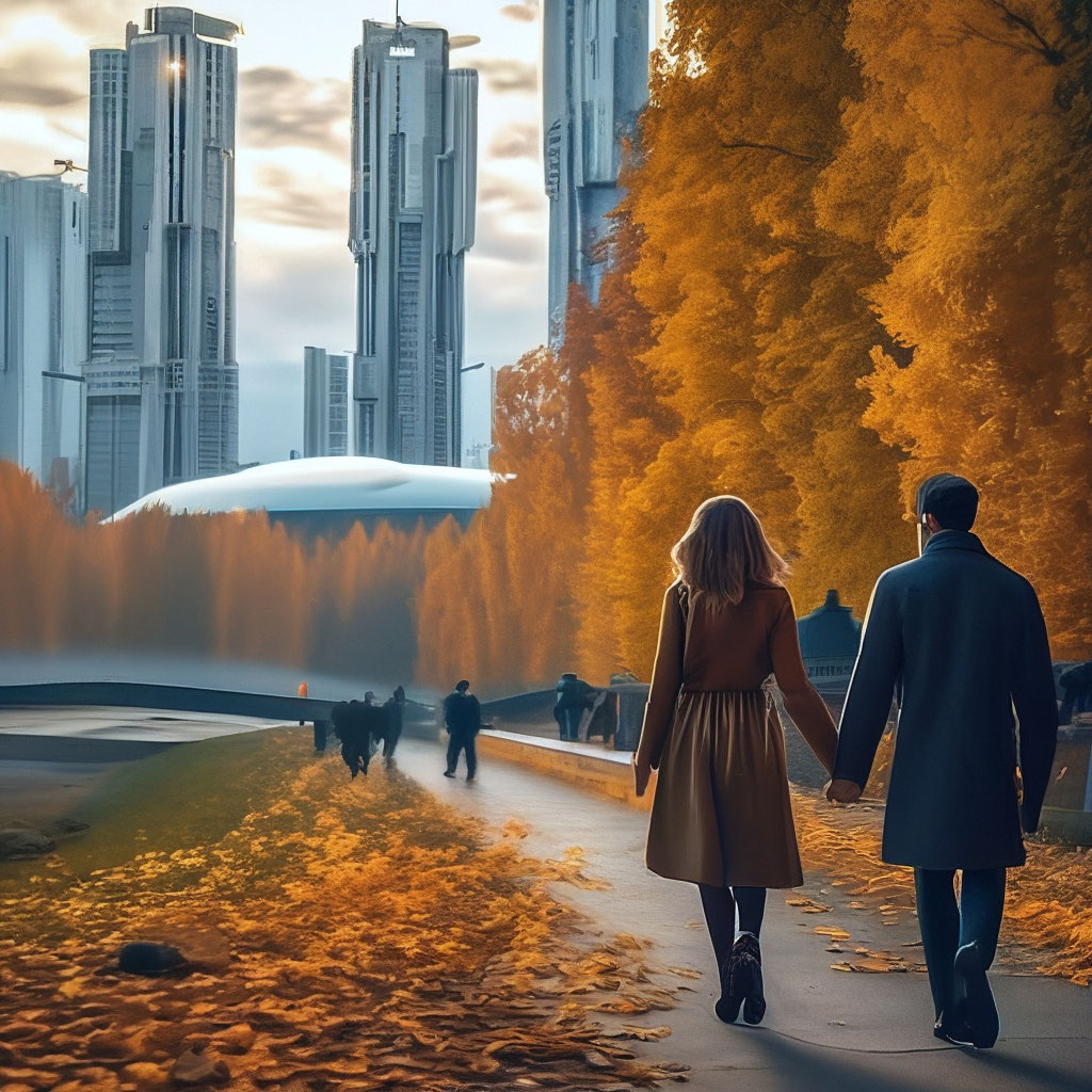 "Beautiful autumn landscape from the future. A beautiful autumn park ...