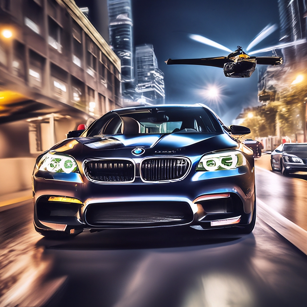 "BMW M5 black is driving through the night city, helicopters are flying ...
