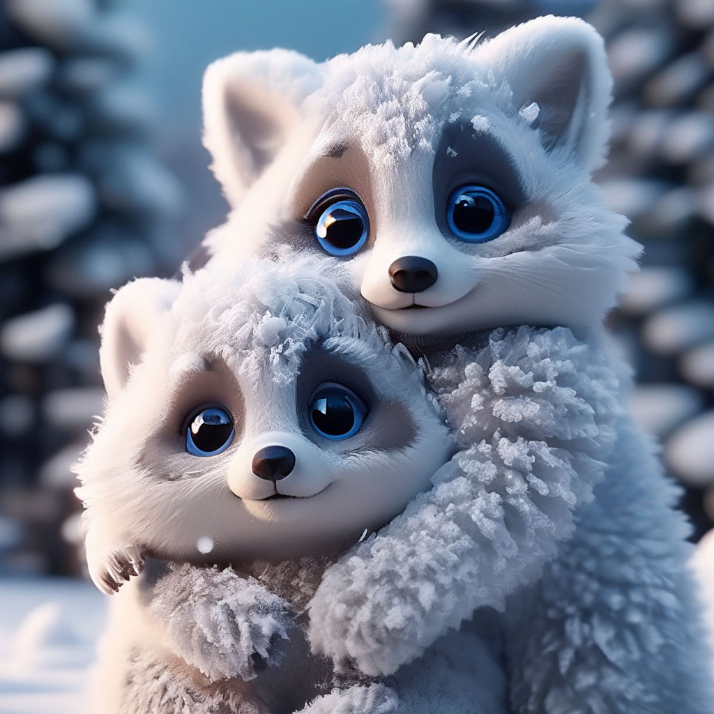 "Cute animal, two little manulas,mega fluffy all in snowflakes hugged ...
