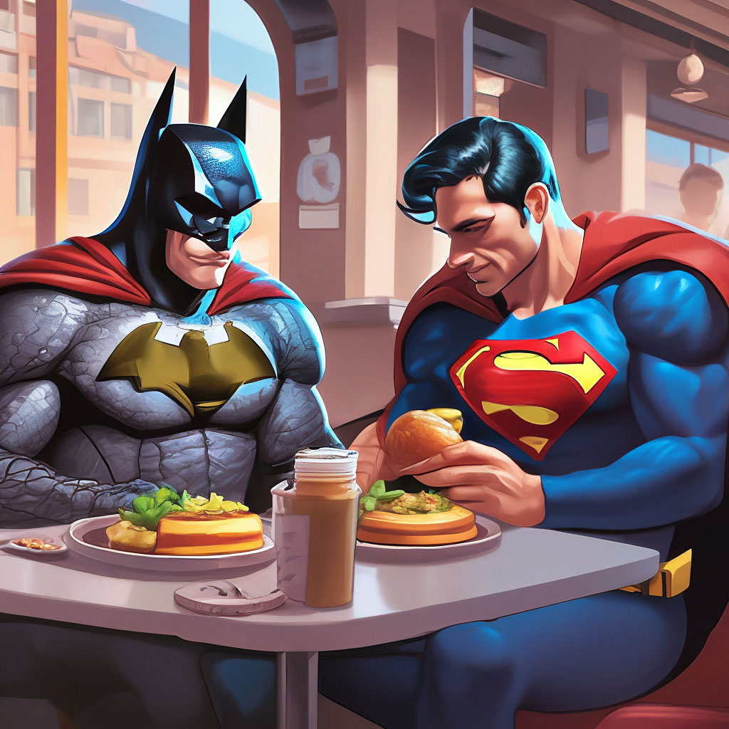 "Superman and Batman are sitting in a cafe and eating burgers" — image ...