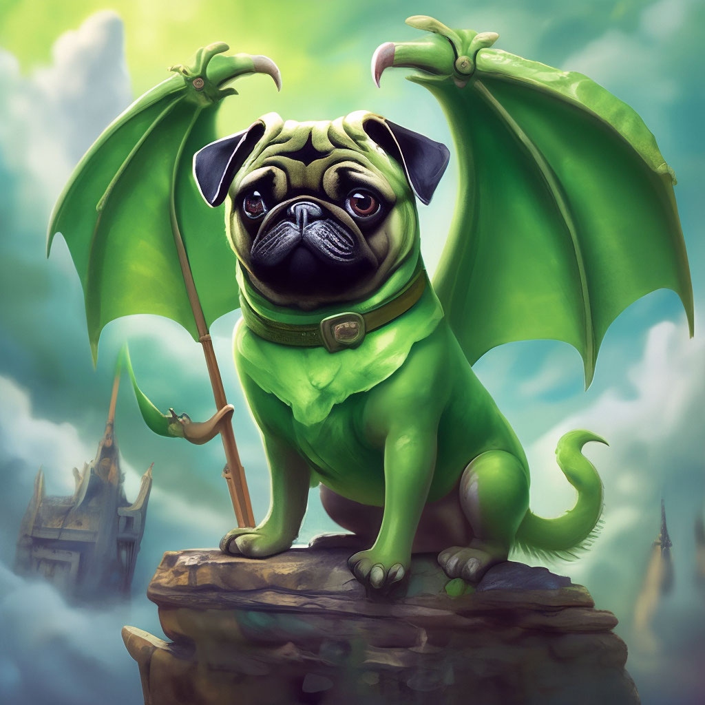"Pug and the Green Dragon" — image created in Shedevrum