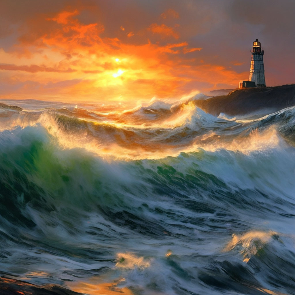 "Sunset on the sea, the ninth wave, storm, sea spray, realistic, 300 ...