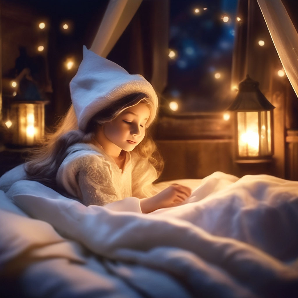 "Fairy tales of elves . good night. in a cozy bed. night. soft light ...