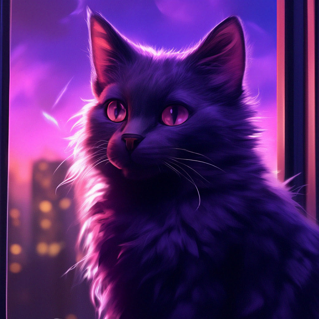 "The cat is purple in the anime style, it has glowing purple eyes ...