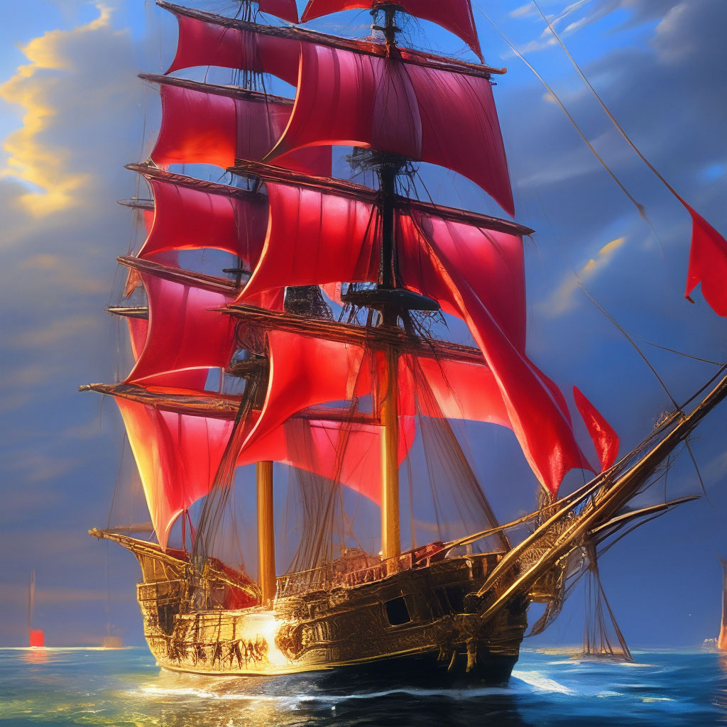 "Brigantine with scarlet sails,delicate silk,shine, calm, transparent ...