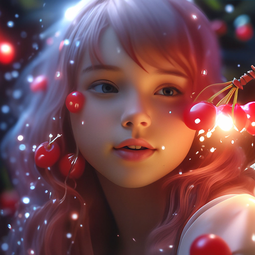 "Hybrid, teen, cherry head, fantasy, surrealism, soft light, glitter ...