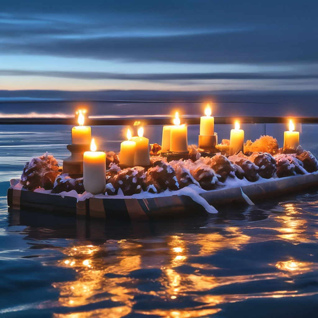 "Raft in the ocean, raft decorated with candles, night, winter, ice on ...