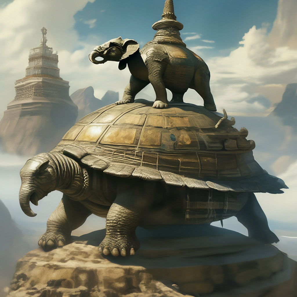 "On the turtle, the disk of the earth in the center of the mountain, is ...