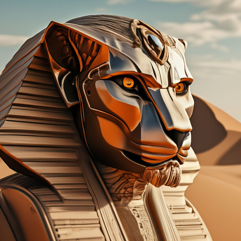 "Cyberpunk, photorealistic sand sphinx, peach color, desert, sands ...